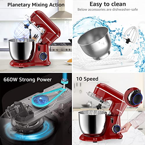 AILESSOM 3-IN-1 Electric Stand Mixer, 660W 10-Speed With Pulse Button, Attachments include 6.5QT Bowl, Dough Hook, Beater, Whisk for Most Home Cooks, Empire Red