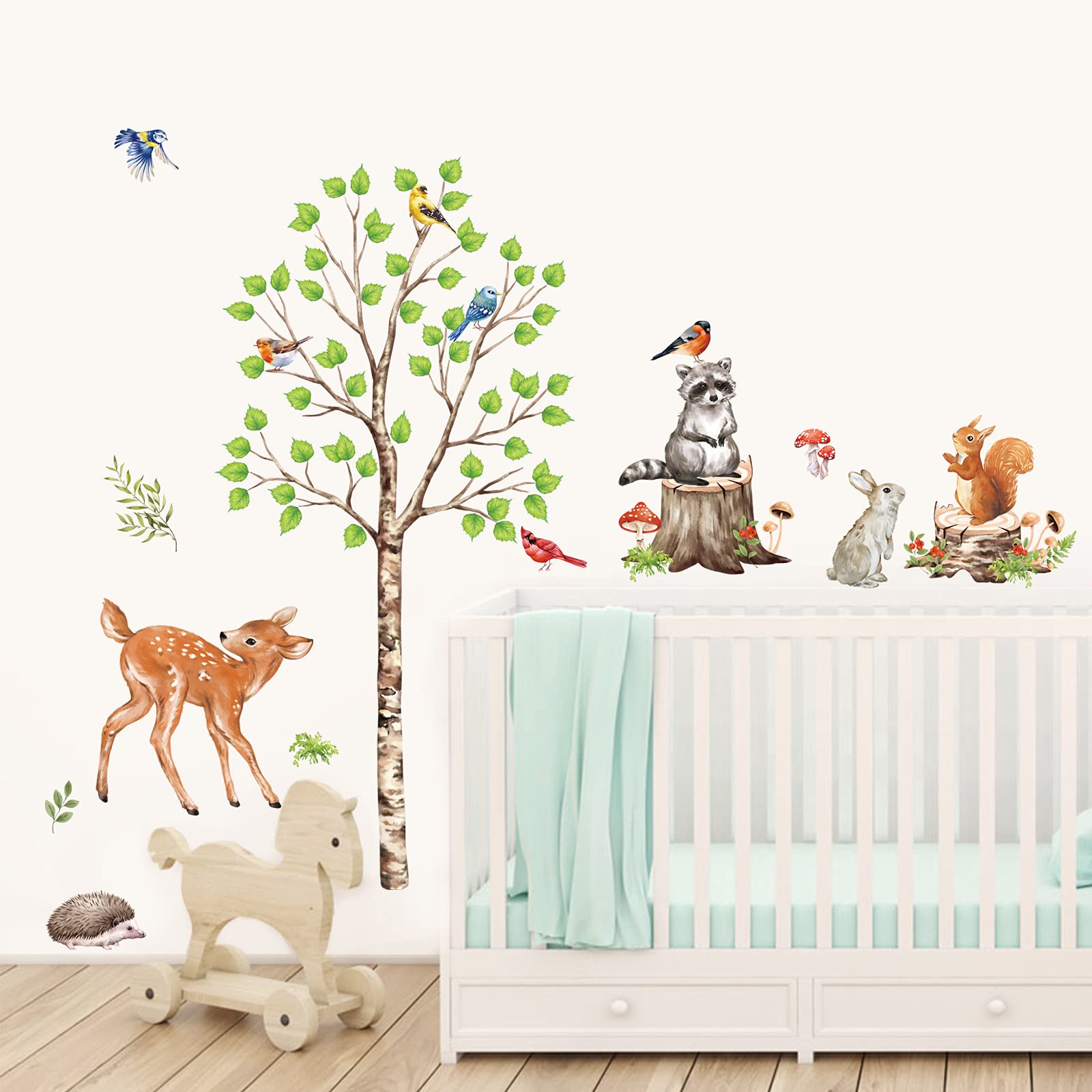 decalmile Woodland Animal Wall Decals Birch Tree Squirrel Deer Wall Stickers Baby Nursery Kids Bedroom Wall Decor(Tree Height: 34Inches)