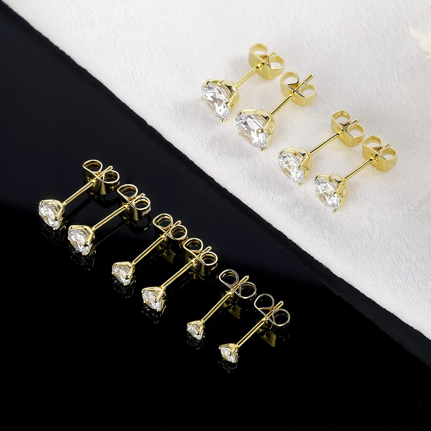 18K White Gold Plated Round Cut Cubic Zirconia Stud Earrings Sets for Women and Men 5 Pairs 3-7mm