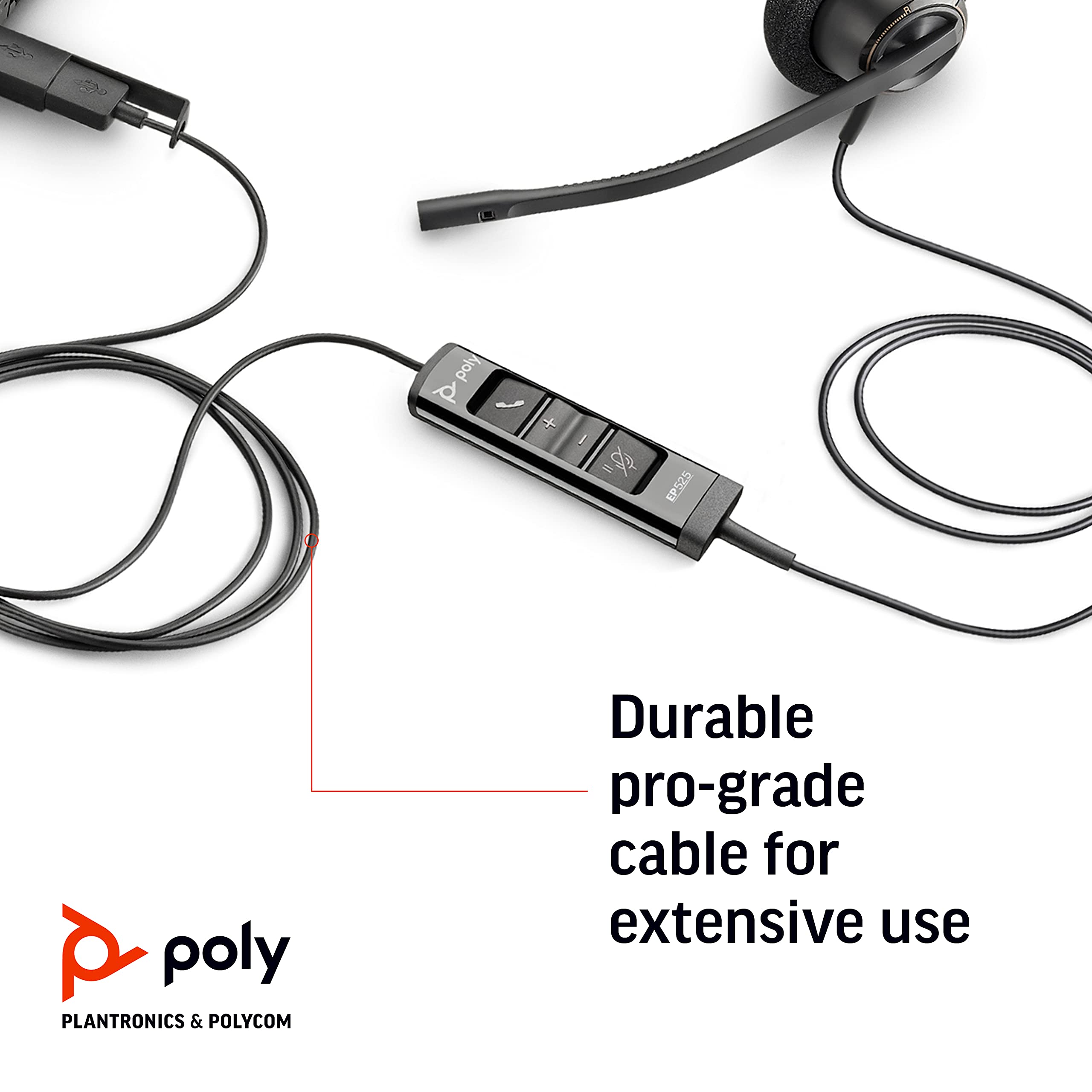 Poly - EncorePro 525 USB-A and USB-C USB Headset (Plantronics) - Acoustic Hearing Protection - Hold & Call Answer Buttons - Dual Ear Wearing Style,Black