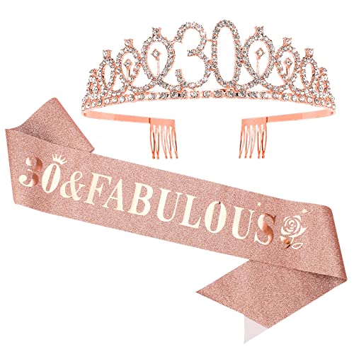 30th Birthday Sash and Tiara for Women, 30th Birthday Decorations for Women, 30th Birthday Sash, Rose Gold 30 & Fabulous Birthday Sash and Tiara for Women, 30th Birthday Gifts for Her