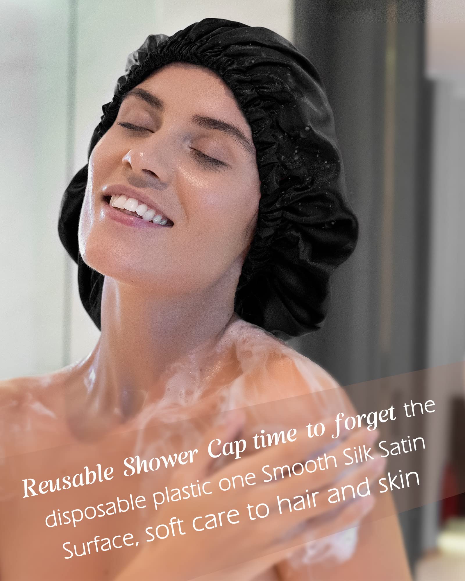 Yanibest Shower Cap for Women - Hair Satin Bonnet Shower Cap for Men Waterproof Extra Large Double Layer Reusable Adjustable for Braids Long Hair (Large,Black)