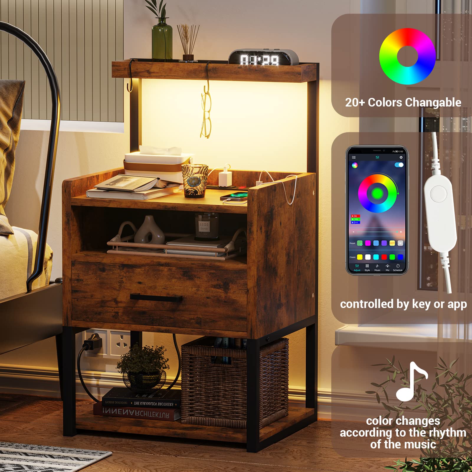 AOGLLATI Nightstand Set of 2 with Charging Station, Rustic Brown Night Stands for Bedroom Set of 2, Bedside Table with Storage Drawer and LED Light, End Side Table with USB Ports Easy Assembly