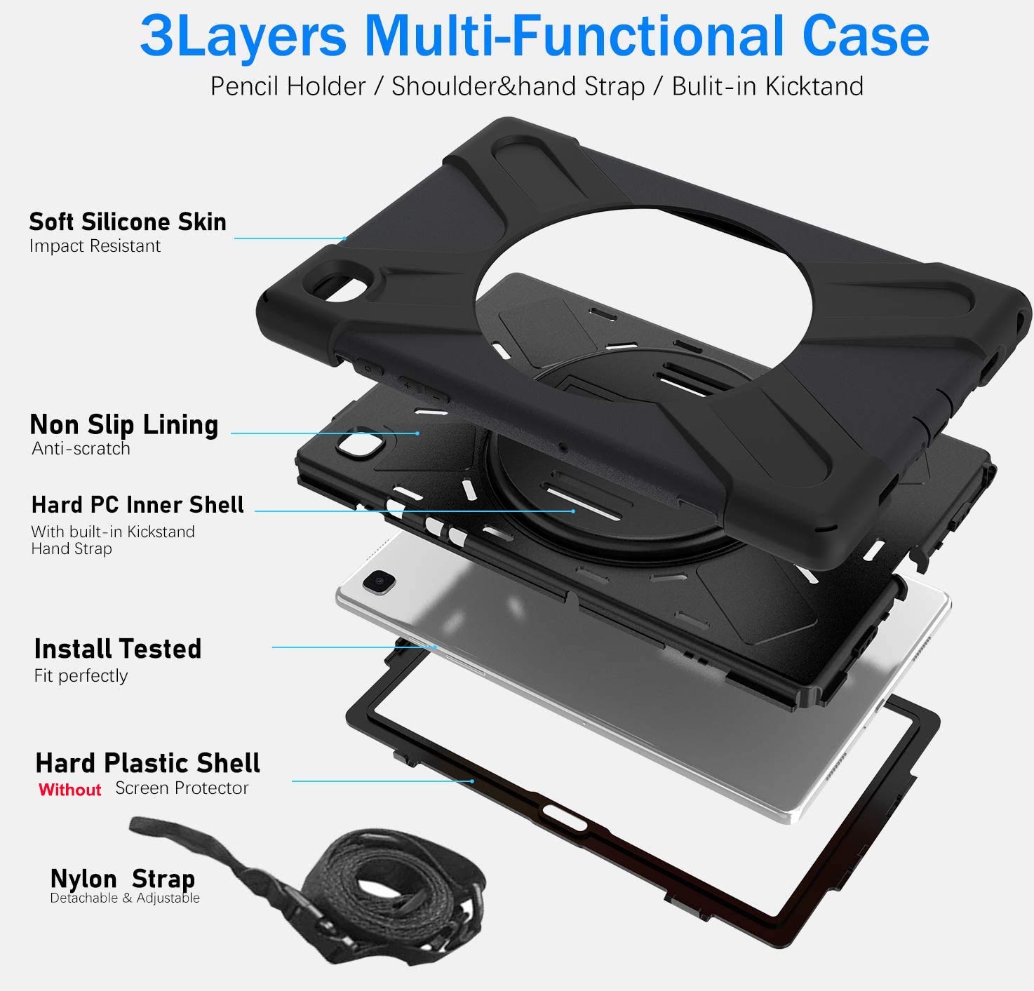 Samsung Galaxy Tab A7 Case 2020 with Stand | Herize Galaxy Tab 10.4 Inch Case SM-T500/T505/T507 | Heavy Duty Shockproof Protective Rubber Case W/Hand Strap Shoulder Strap for Galaxy Tab A7 | Black