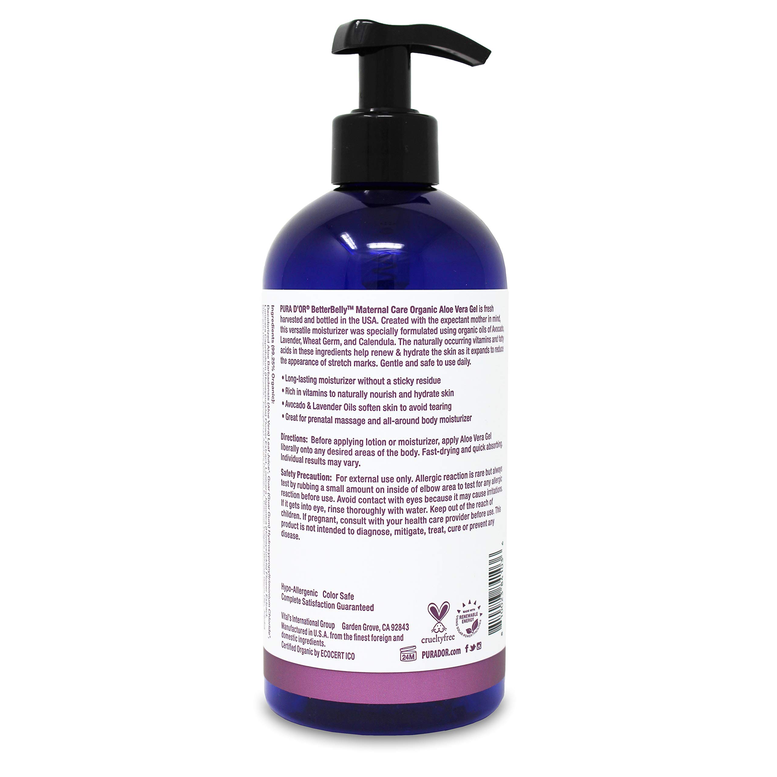 PURA D'OR BetterBelly Advanced Organic Aloe Vera Gel (16 fl oz / 473 mL) For Maternal Care - Hydrating Moisturizer, Reduces Appearance of Scars & Stretch Marks - For Belly, Body, and Legs