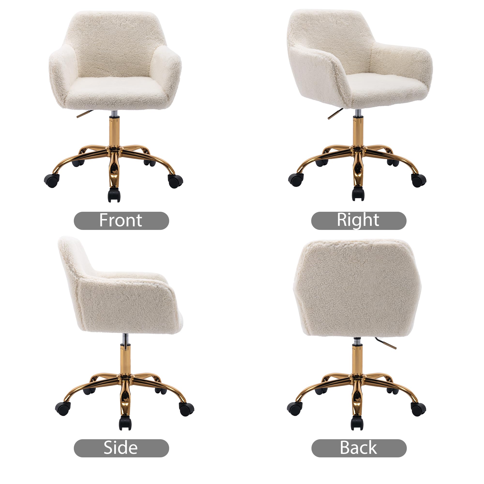 KCC Faux Fur Office Desk Chair, Comfy Swivel Armchair with Wheels, Upholstered Fuzzy Vanity Chair, Adjustable Height, White