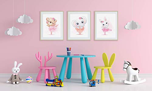 Framed Nursery Wall Art Animals Ballerinas for Girl Baby Room Wall Decor, 10"x12" Wood Frame, Set of 3