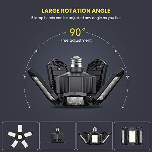 LED Garage Lights, 100W UDIYO Deformable Garage Ceiling Light with 5 Adjustable LED Panels, 6000LM E26/E27 Basement Lights, Fits for Garage, Warehouse, Barn, Workshop and Yard