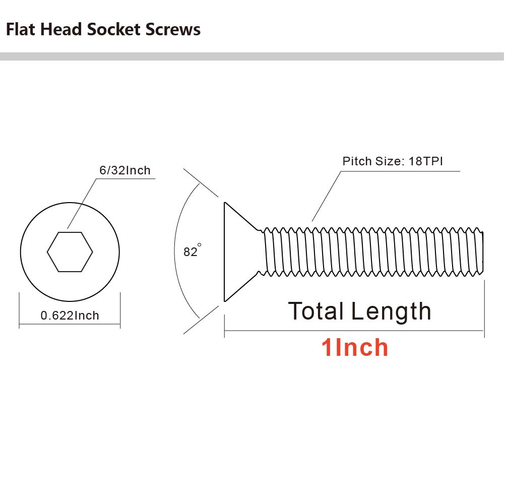 5/16-18 x 1" Flat Head Socket Cap Screws Countersunk Bolts, Allen Socket Drive, Stainless Steel 18-8, Full Thread, Bright Finish, 15 PCS