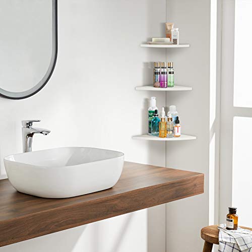 Ejoyous 3 Tier Corner Shelves Wall Mounted, Modern White Small Floating Wall Shelf Space Saving Display Shelving Storage Rack for Home, Bedroom, Living Room, Bathroom, Kitchen, Office