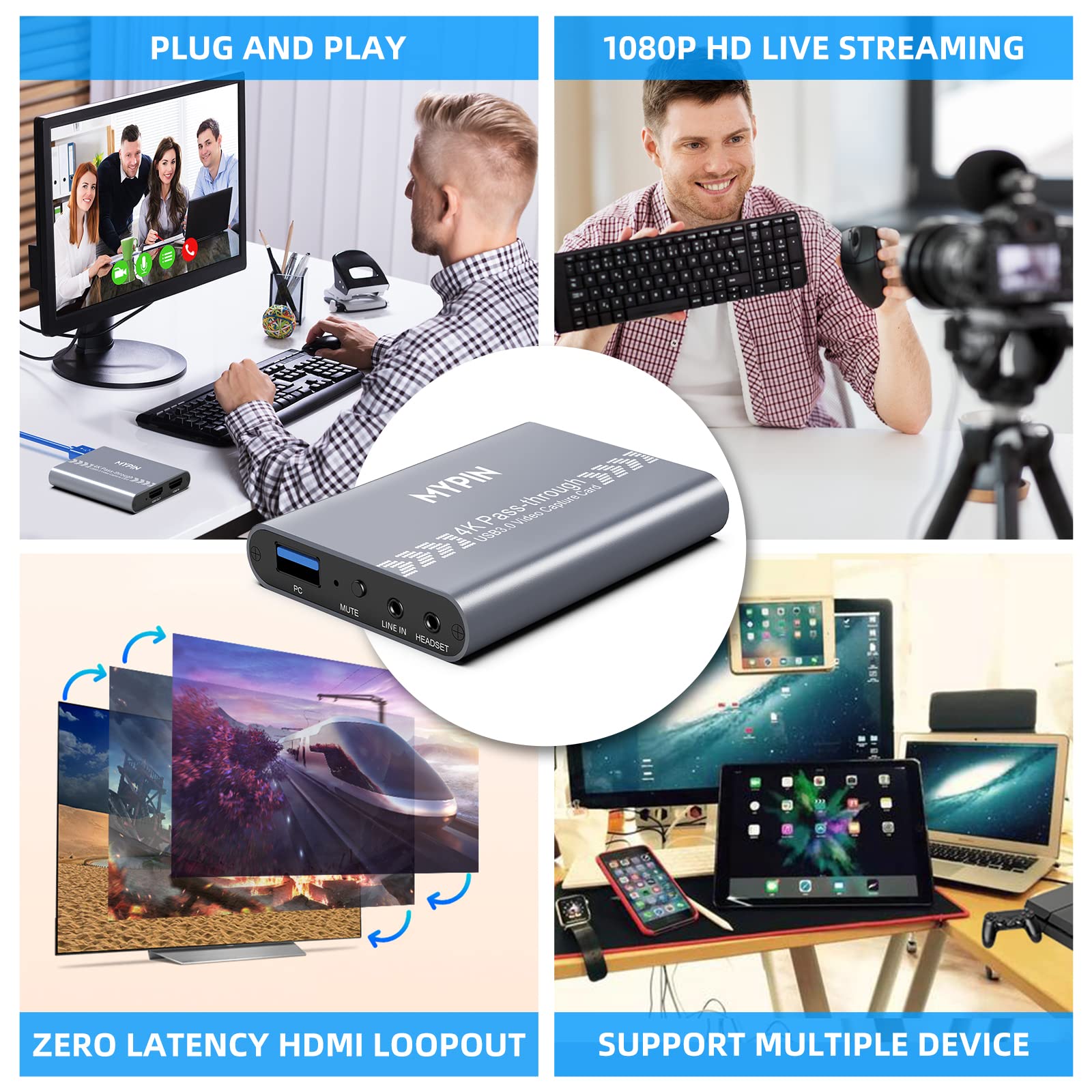 MYPIN 4K 60fps Audio Video HDMI Game Capture, Live Gamer Portable Pass-Through 4K Full HD 1080P 60fps USB3.0 Capture Card Ultra Low Latency Record Stream for Xbox, PlayStation, Nintendo Switch