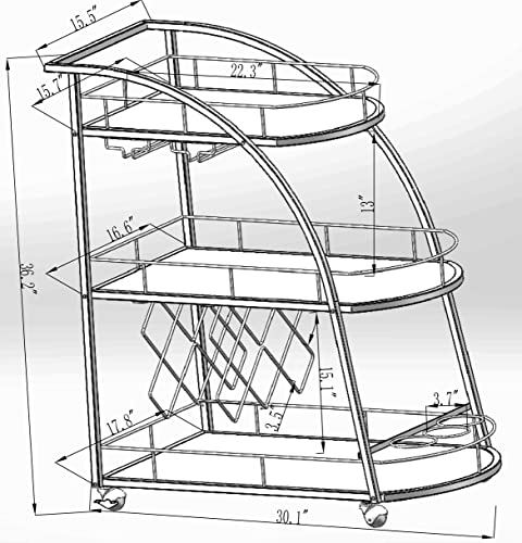 3-Tier Industrial Mobile Bar Cart Serving Wine Cart with Wheels, Rolling Storage Cart Kitchen Island Cart for Kitchen Dining Room, Metal Frame & MDF Material, Black