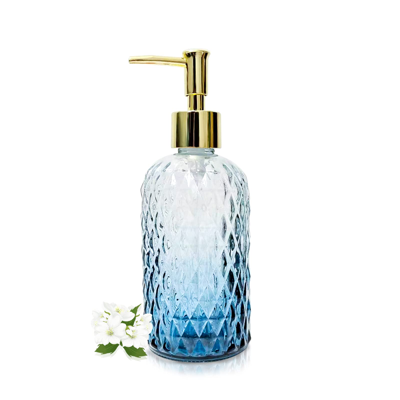 13oz Glass Soap Dispenser, Diamond Shaped Embossed Refill Hand Soap Clear Glass Bottle with Pump for Essential Oils, Liquid Soap, Detergent, Lotion (Transparent+Blue)