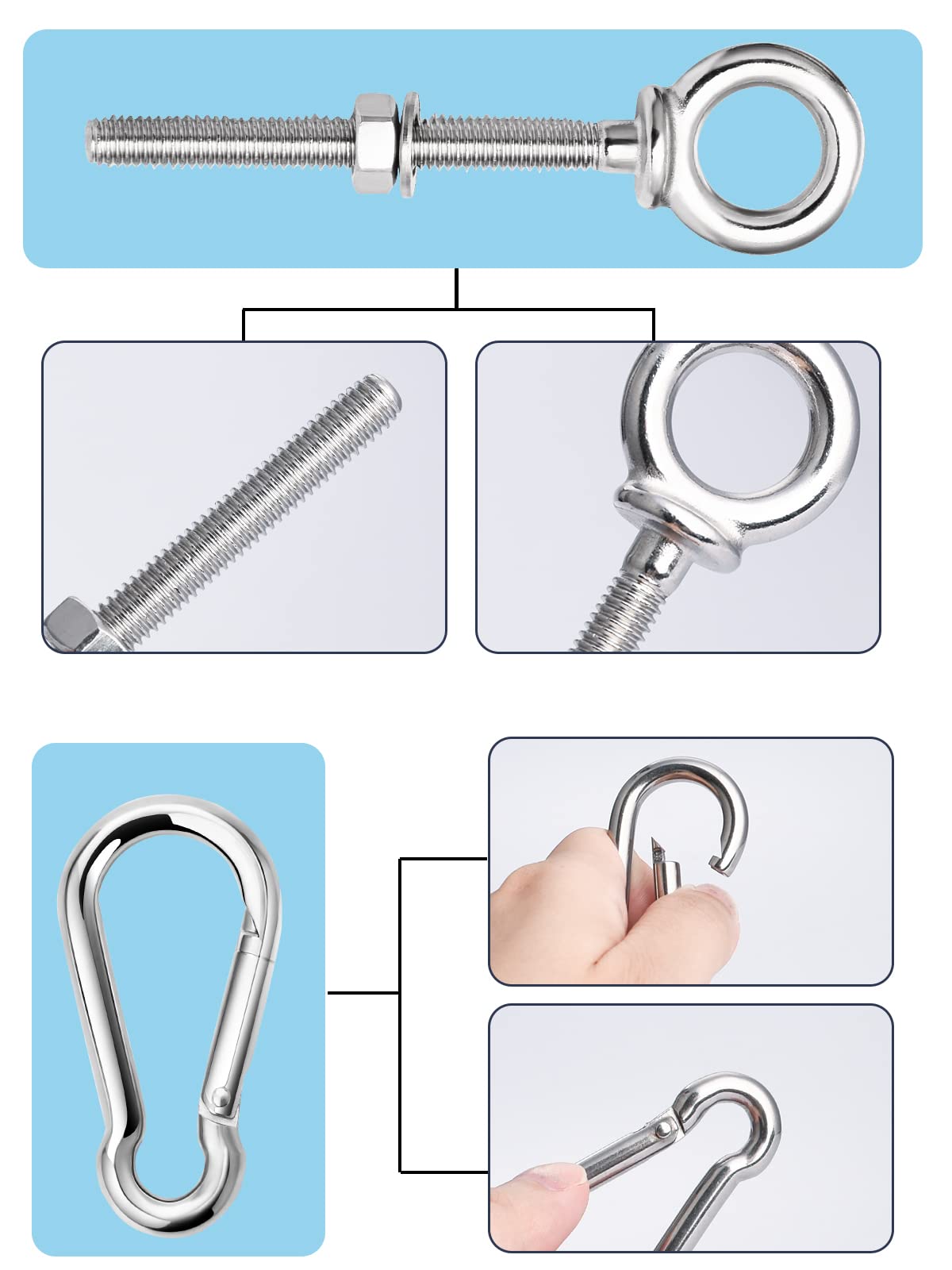 Abimars Lifting Shoulder Eye Bolt M6 with Nuts and Spring Snap Hook, 4 Pcs 316 Stainless Steel Eyebolts for Hanging Items