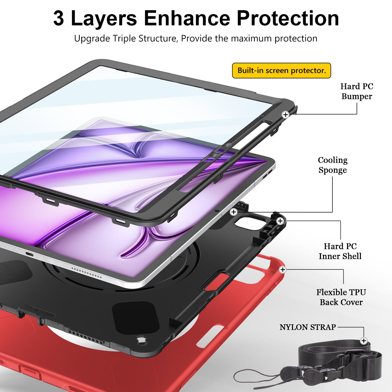 Miesherk Stock Case for iPad Air 13'' 2024: Military Grade Shockproof Rugged Case for iPad Air 13''(M2) W/Screen Protector - Stand - Handle - Shoulder Strap - Pen Holder,Black+Red