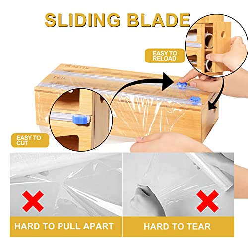 6 Slots Bamboo Wall mountable Ziplock Bag Storage Organizer and Foil & Plastic Wrap Dispenser with Cutter, for Kitchen Drawer, Counter Top, Pantry, Compatible with Gallon, Quart, Sandwich, Snack Bag