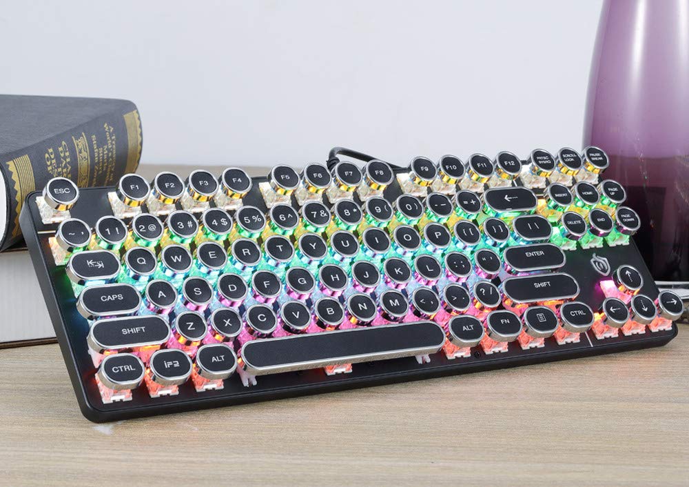 Amaping Retro Mechanical Keyboard Steampunk Style Pattern RGB Colorful LED Backlit USB Wired 87 Keys Gaming Keyboards for PUBG LOL Gamer Ergonomic Design (Black)