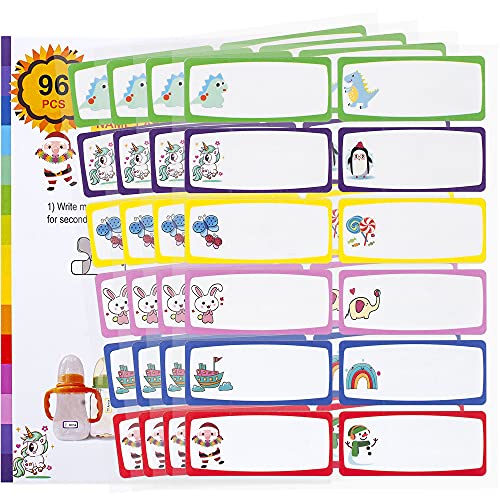 Name Labels for Kids Stuff School Supplies, 96 PCS Waterproof Daycare Labels, Baby Bottle Labels for Daycare, Self-Laminating, Dishwasher Safe, Toddler Name Sticker Tags for Sippy Cups, Lunch Box