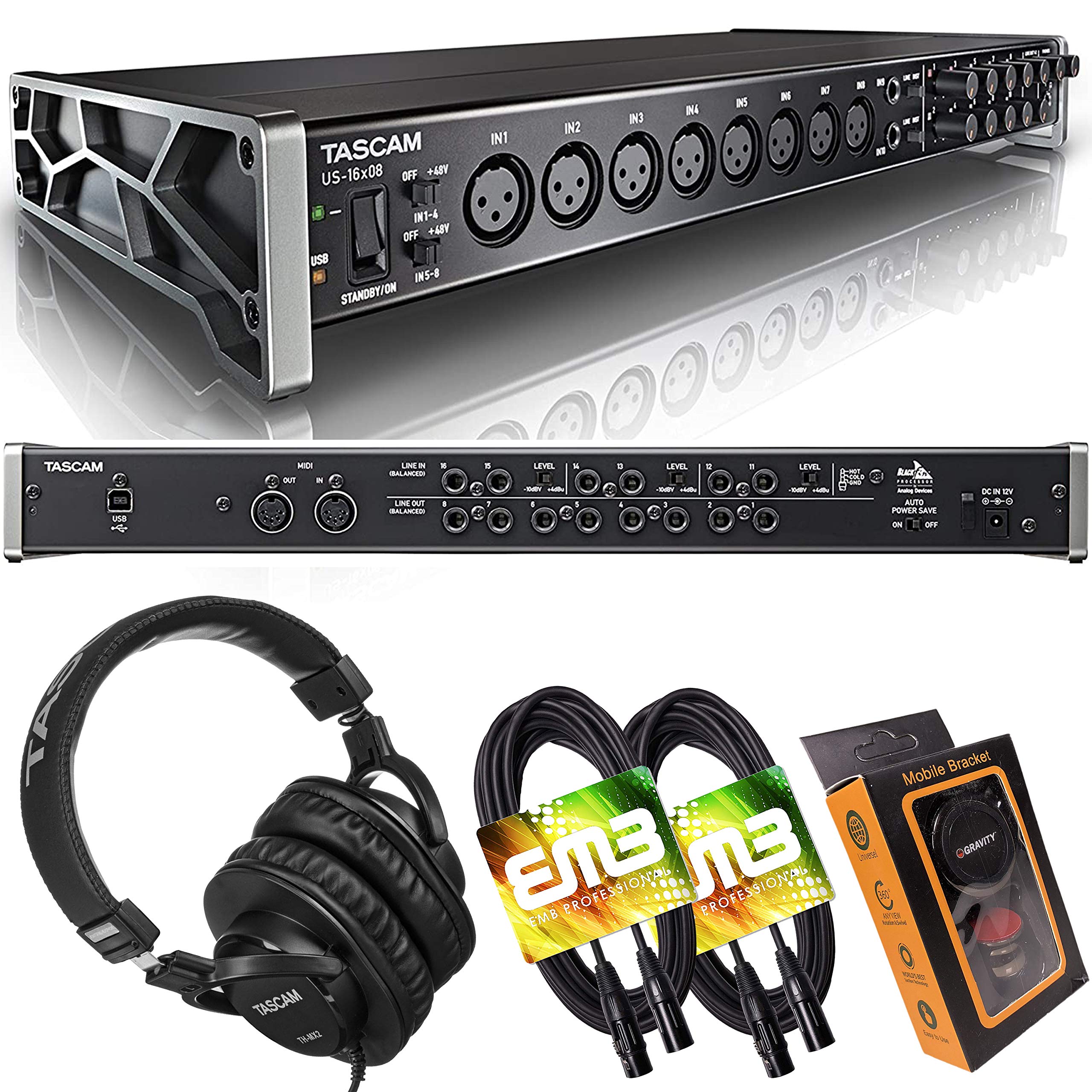 Tascam US-16x08 Rackmount USB Audio/MIDI Interface with Pro Headphone and Pair of EMB XLR Cables and Gravity Magnet Phone Holder Bundle