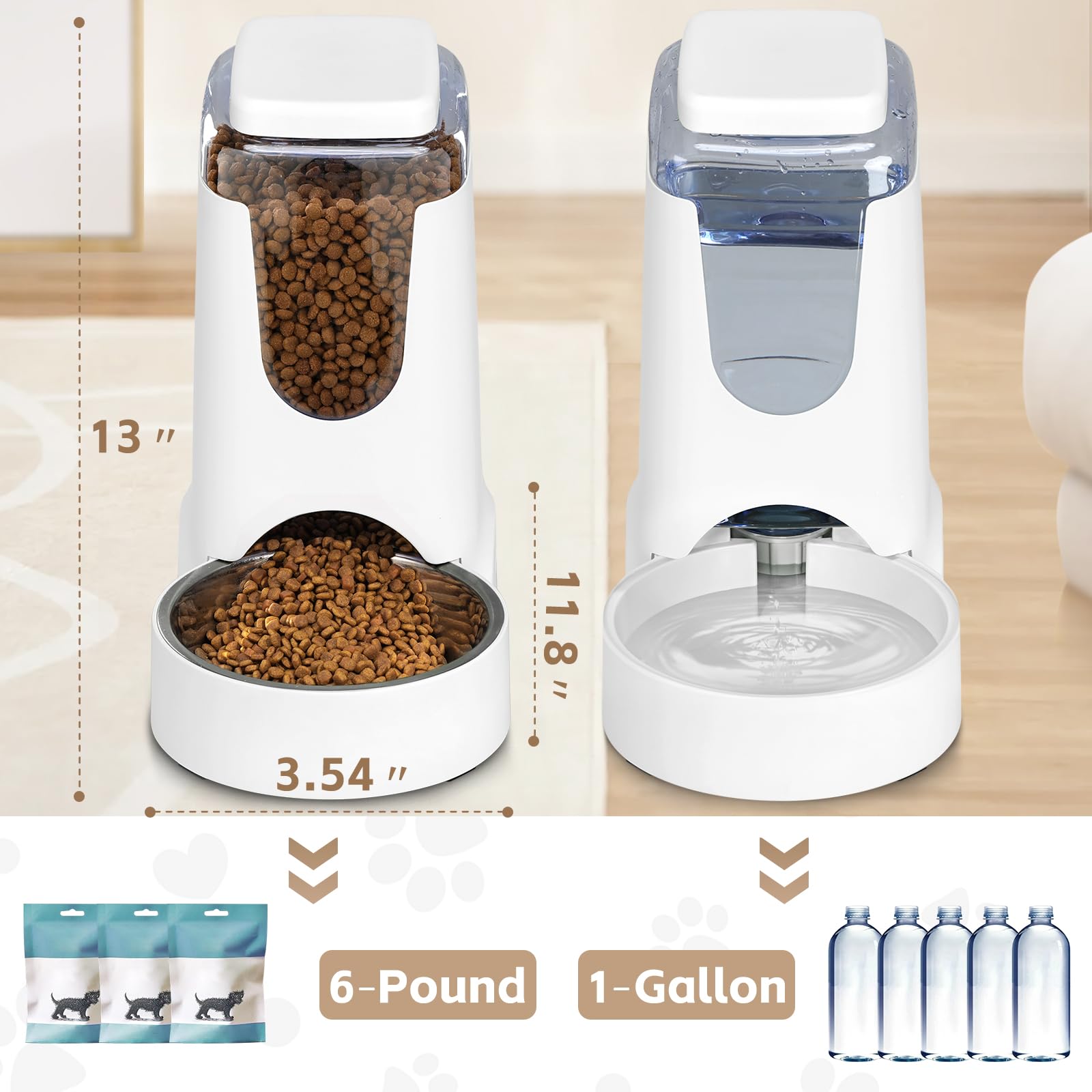 2 Pack Automatic Cat Feeder and Water Dispenser Dog Gravity Food Feeder and Waterer Self Feeding Bowls for Small Medium Pets Puppy Kitten (White)