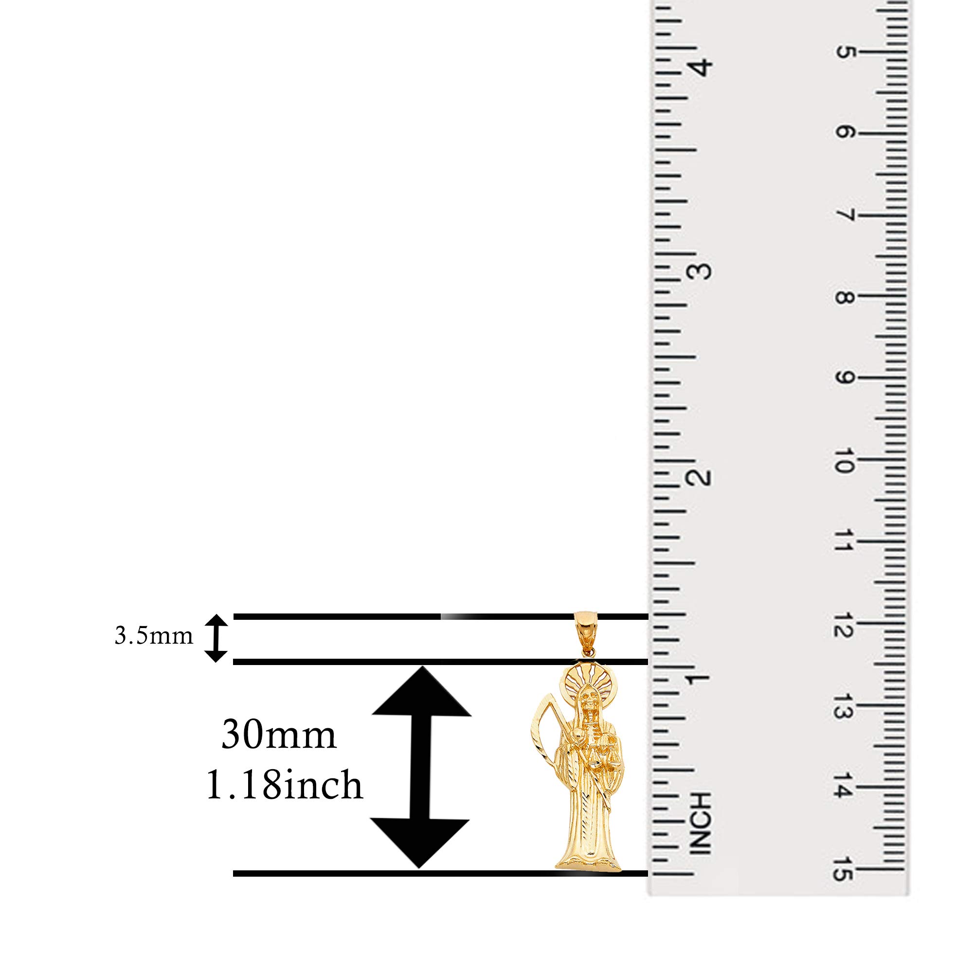14k Yellow Gold Religious Santa Muerte Pendant - Height 30 MM Width 13 MM Avg. Weight 1.8 grams