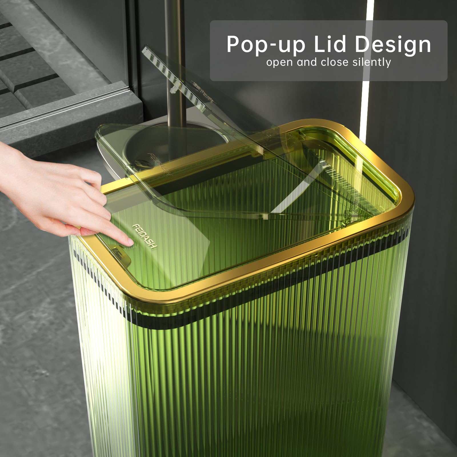 2 Pack Bathroom Trash Can with Lid, 2.6 Gallon Small Garbage Can with Pop-Up Lid Stylish Clear Waste Basket, Plastic Slim Trash Bin Dog Proof, Green Bedroom Trash Can, Small Bathroom Trash Can