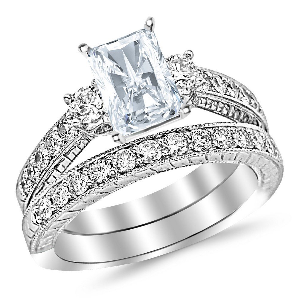 14K White Gold 2 Carat LAB GROWN DIAMOND Three Stone Vintage With Milgrain & Filigree Bridal Set with Wedding Band & Radiant Cut Diamond Engagement Ring (G-H Color VS1-VS2 Clarity 1 Ct Center)