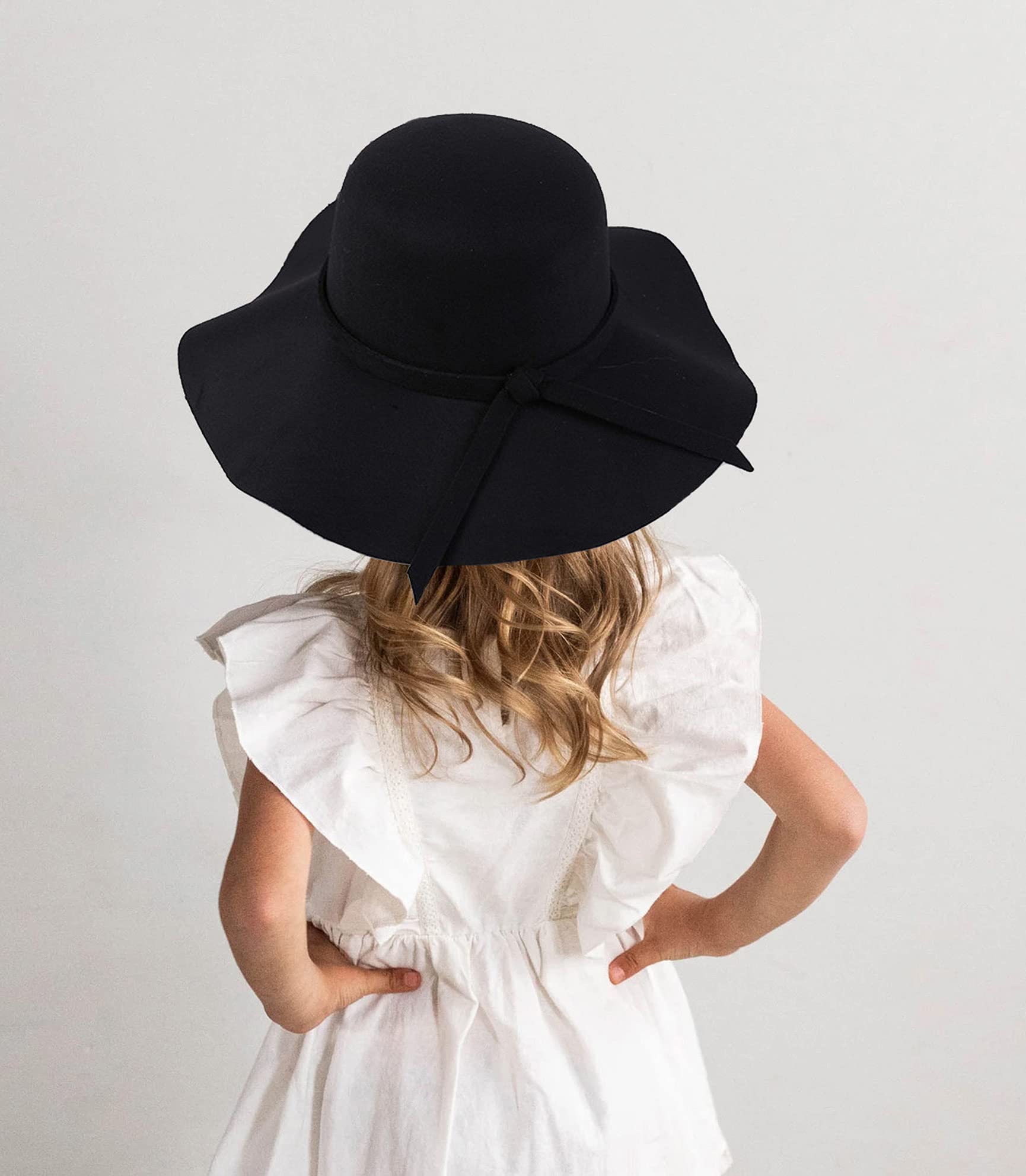 Wide-Brim Kids Girls Floppy-Hat Vintage Fedora Hats for Girl Boho Felt Bowler-Cap 3 to 8 Years (3-8 Years, Black)