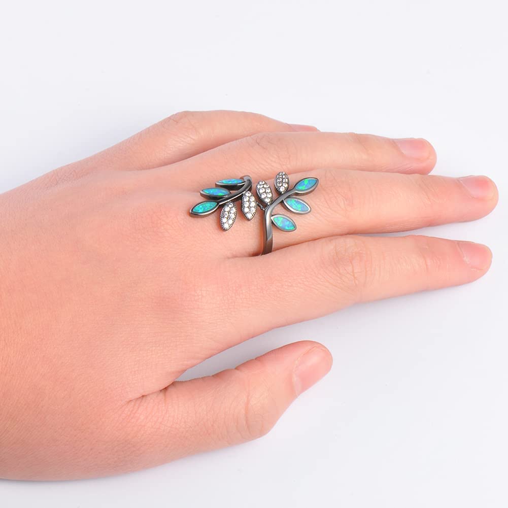 14K Black Gold Leaf Ring, Created Opal Ring Mounted with Cubic Zirconia, 925 Sterling Silver Statement Ring for Women Teen Girls, Size 6 7 8 9 10 (White Opal, 7)
