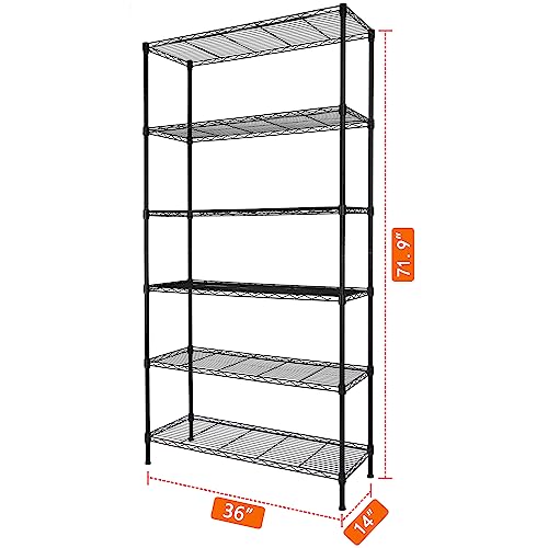 6-Shelf Adjustable Heavy Duty Storage Shelving Unit, Metal Organizer Wire Rack for Laundry Bathroom Kitchen Pantry Closet No Wheels, Black