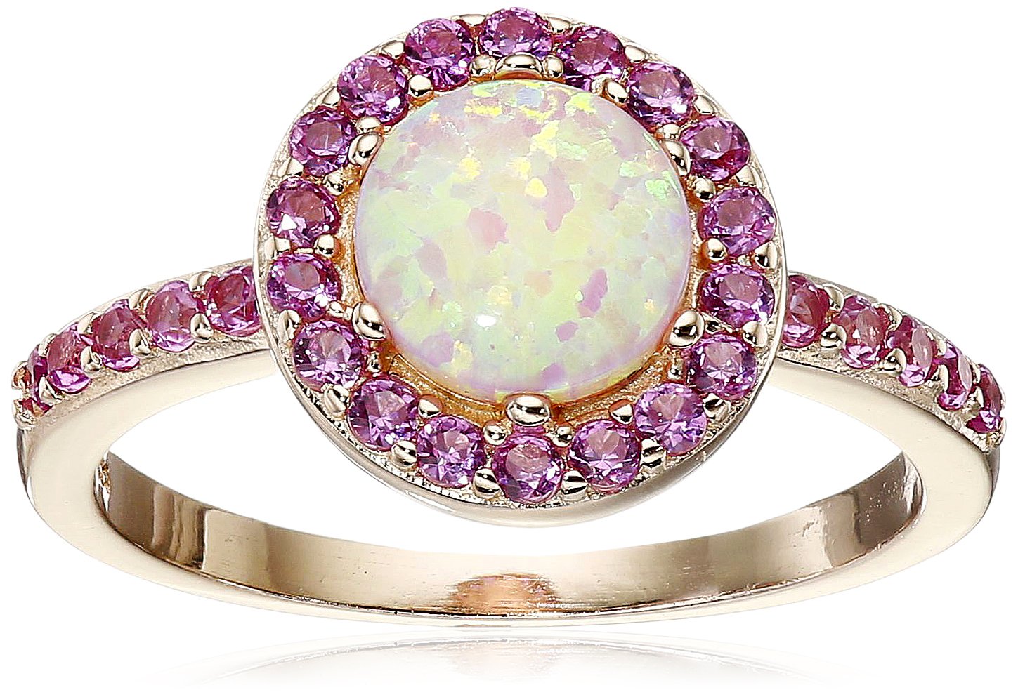 14k Rose Gold Plated Sterling Silver Created Pink Opal and Created Pink Sapphire Halo Ring, Size 7