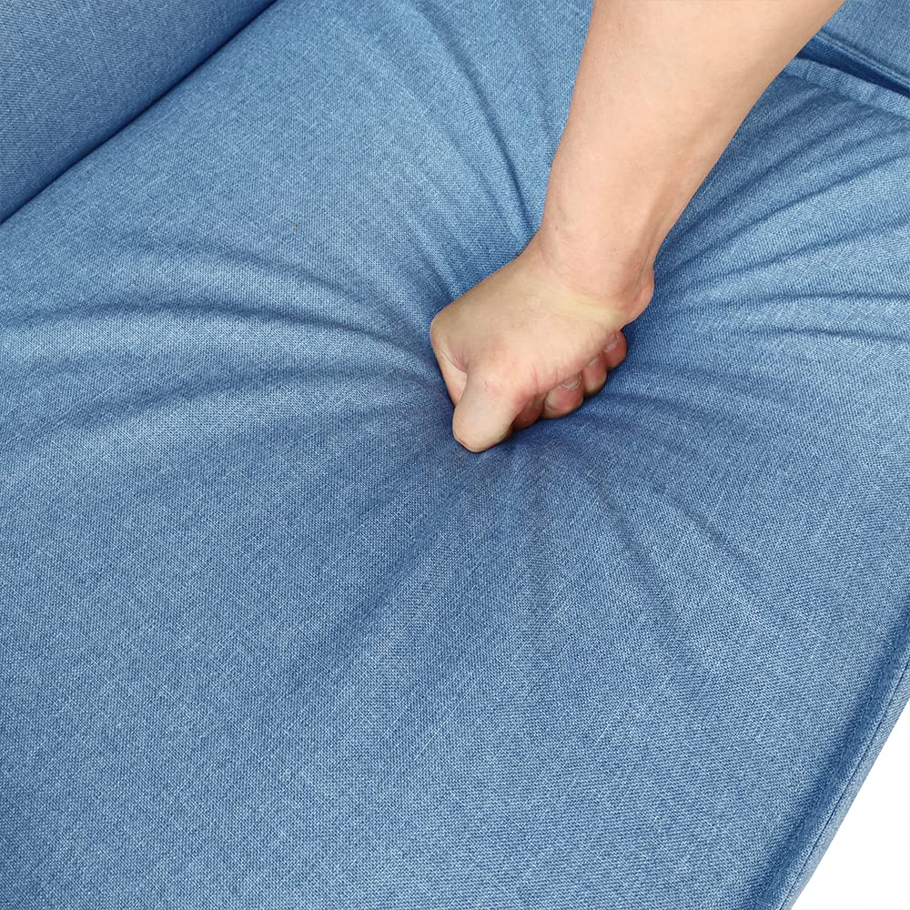 WILLIAMSPACE 75" Futon Sofa Bed, Convertible Sleeper Sofa with Magazine Bag, Small Splitback Sofa with Tapered Solid Wood Leg, Padded Seat and Back, Loveseat Couch for Living Room, Blue Fabric