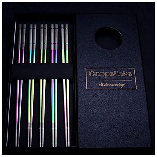 Albino Monkey Reusable Chopsticks - Extra Long 9" - 5 Pairs per Pack - Made of Food-Safe Stainless Steel - Holographic Design - Asian Dining Utensils for Home Kitchen & Restaurants - Nice Giftable Box