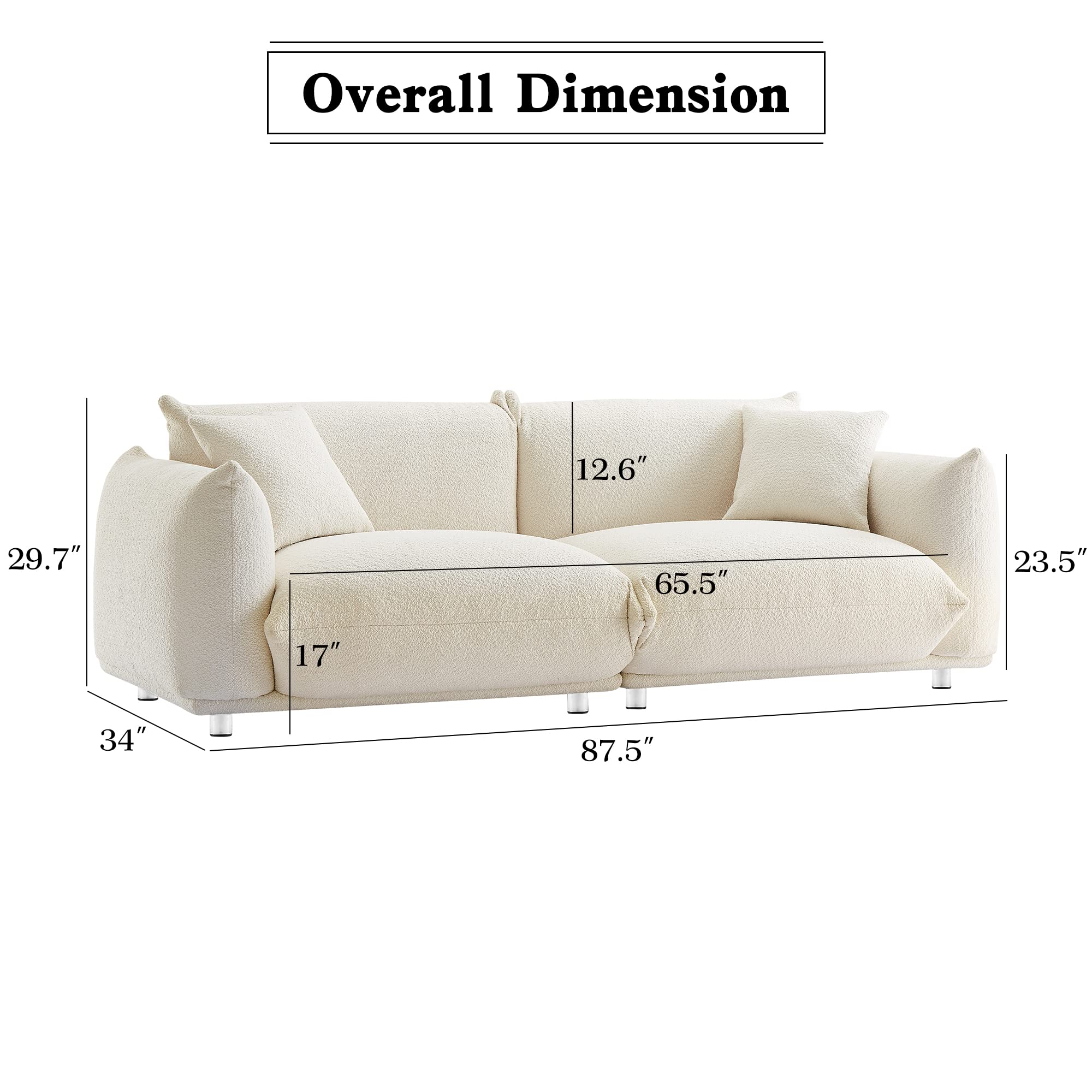 Sofa 86'' Lambswool 3 Seat Cushion Couch for Living Room,Mid Century Comfy Modular Sofa with Throw Pillows…