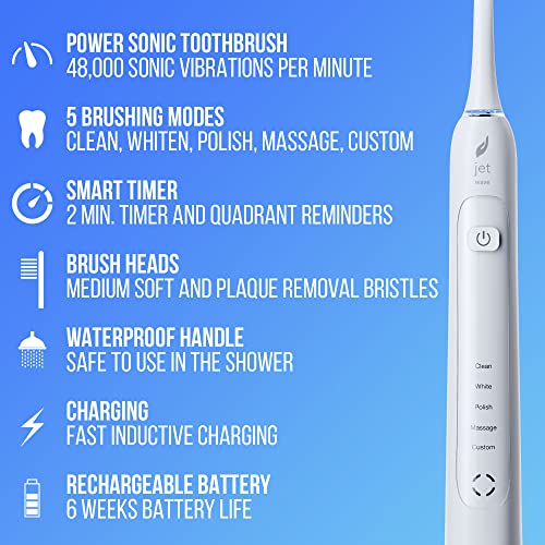 Acteh Sonic Electric Toothbrush, JetWave Rechargeable, Toothbrush w/ 5 Brushing Modes, 2min. auto-Timer, 30sec. Quad-Reminder and Long-Lasting, Extended Charge Battery (White)