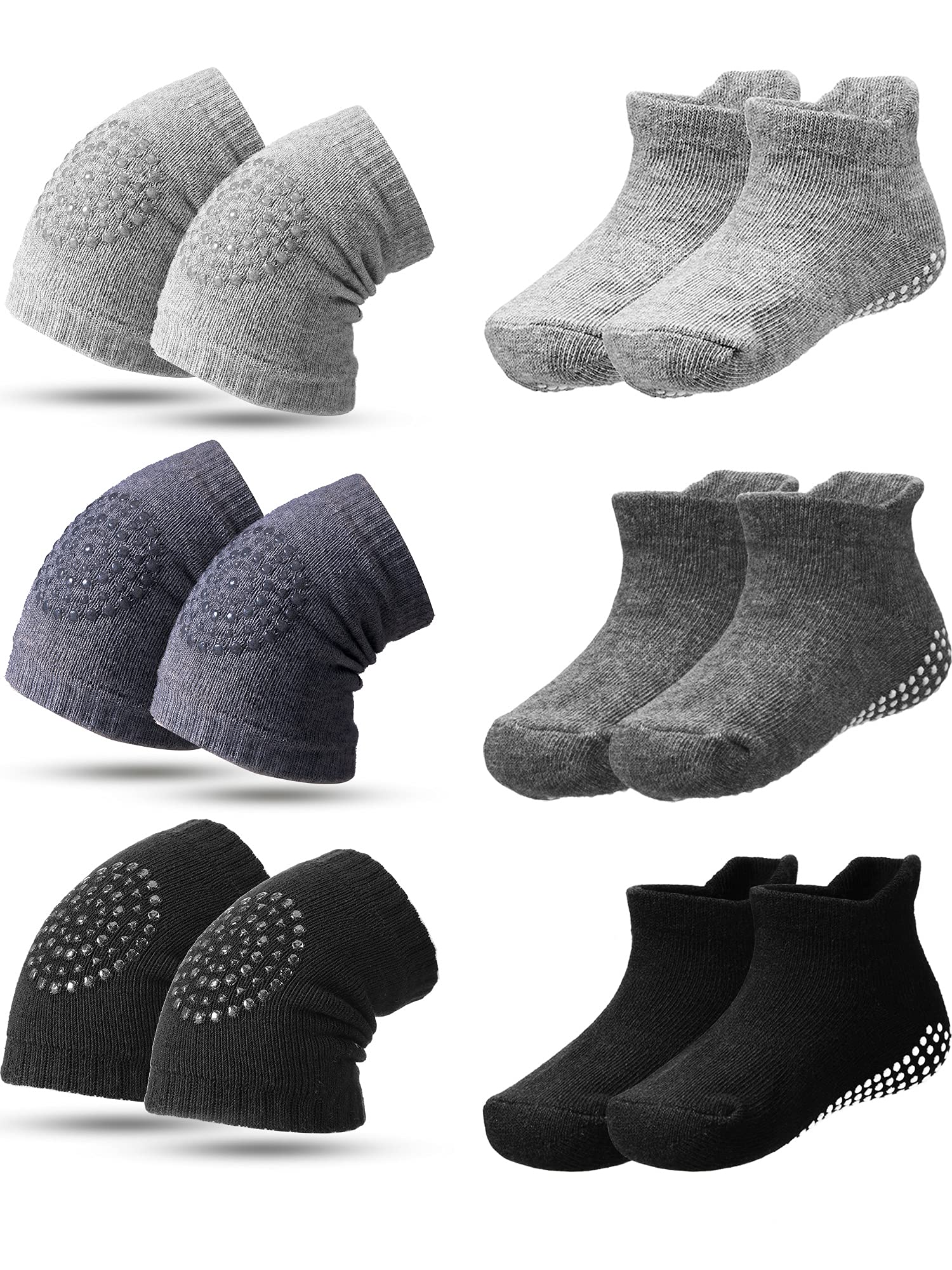 SATINIOR 6 Pairs Baby Knee Crawling Pads Anti-Slip Knee Protectors Toddler Infant Boys Girls Non-Slip Socks (Black, Dark Gray, Light Gray), One Size