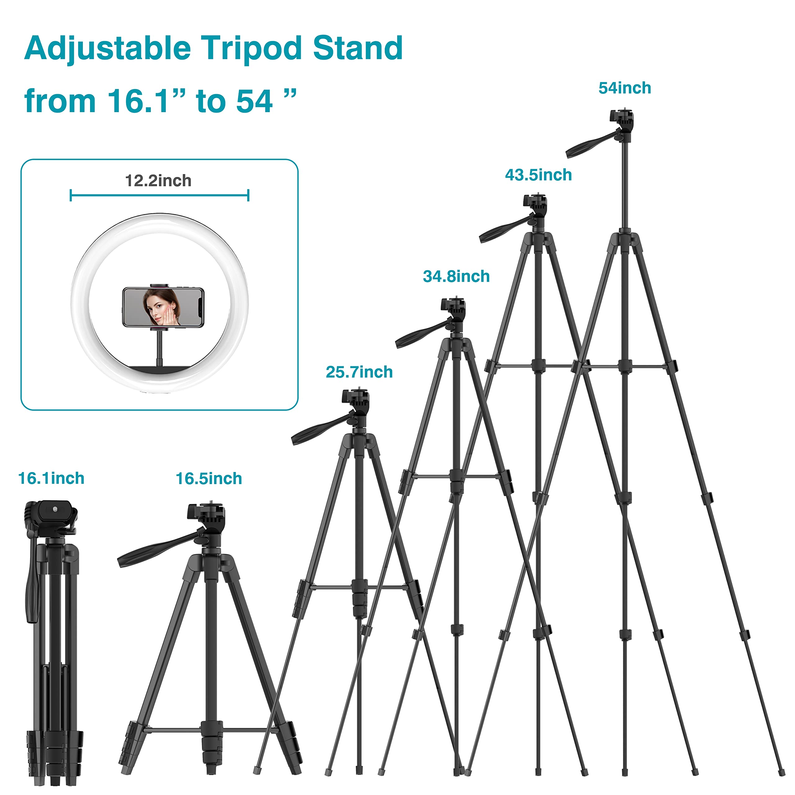 12.2" Ring Light with 54'' Extendable Tripod Stand & Cellphone Holders for Live Stream/Makeup/YouTube Video, Dimmable LED Beauty Selfie Ringlight for TikTok Photography, Color Temperature 3000-6000K