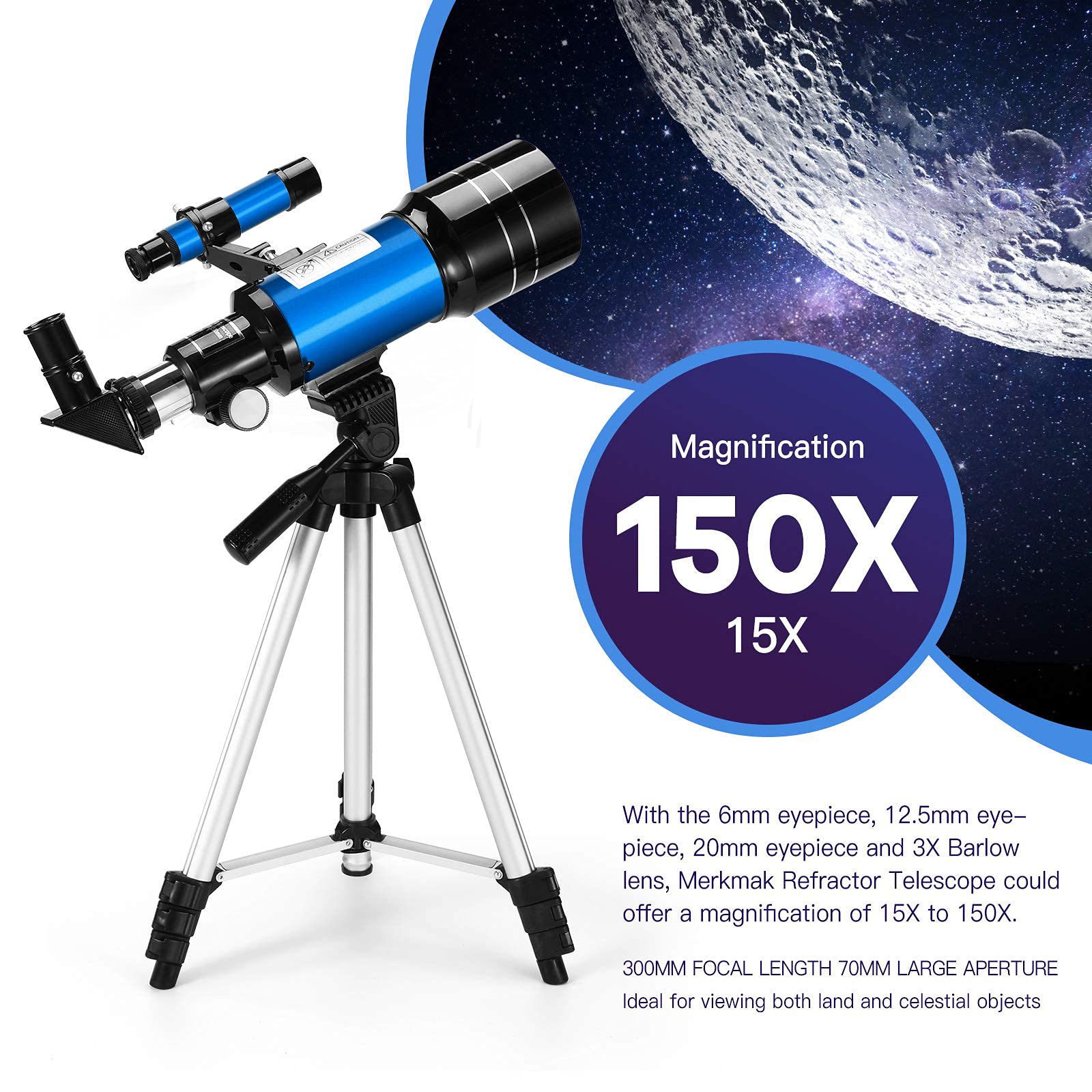 Telescope for Adults &Beginners,70mm Aperture 300mm AZ Mount with Adjustable Tripod and Fully Multi-Coated Optics, Portable Astronomy Refractor Telescope, Wireless Remote