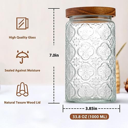 34 OZ/2 PCS Glass Storage Jar with Airtight Bamboo Wooden Lids, Vintage Food Containers Canisters Sets for Kitchen Counter Pantry, Sugar, Flour, Candy, Tea, Coffee Beans, Oats, Grain Bin, Pasta, Cereal