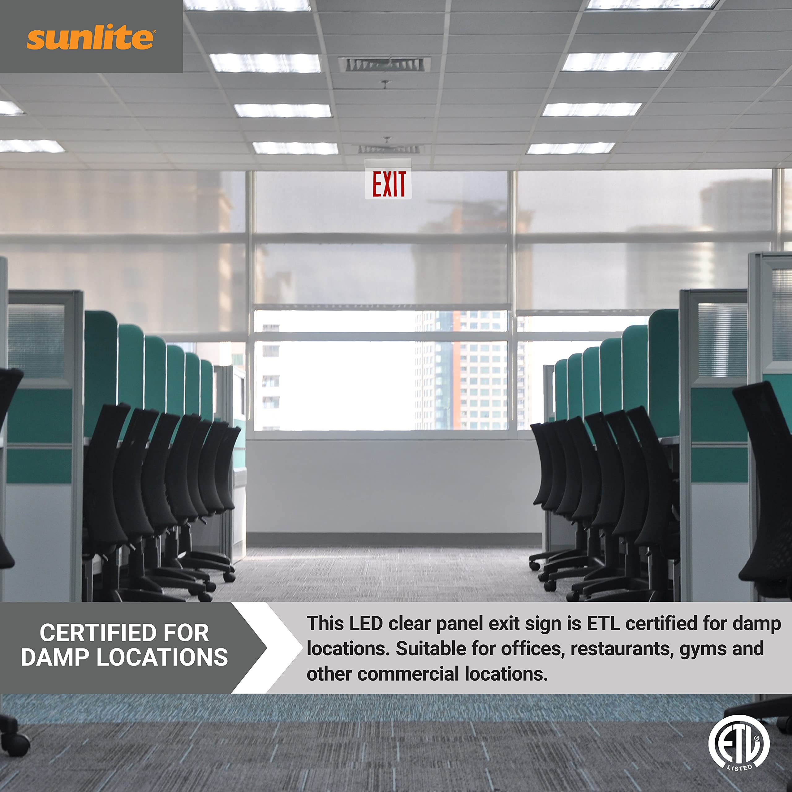 Sunlite 05277 LED Edge Lit Exit Sign, Clear Panel with Etched Bright Red Lettering, 90-Min Battery Power Back-Up, Dual Voltage 120-277V, Universal Mounting, Long Lasting, Fire Safety, NYC Compliant