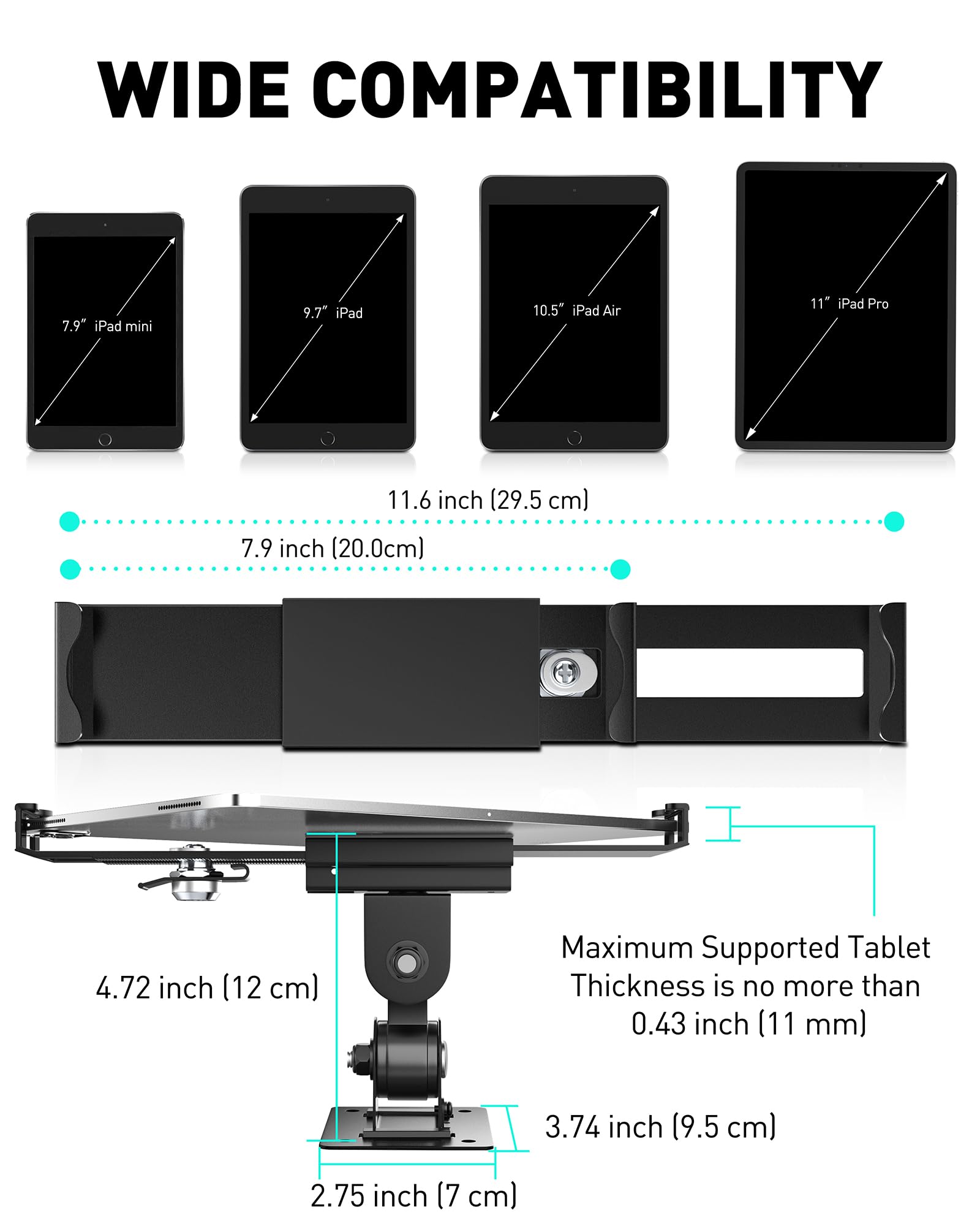 AboveTEK Tablet Wall Mount -360° Rotation iPad Wall Holder for Retail & Business, Anti Theft iPad Stand Fits 7"-11" Tablets Including iPad Pro/Air/Mini, Galaxy Tab - Security Lock & Key - (Black)