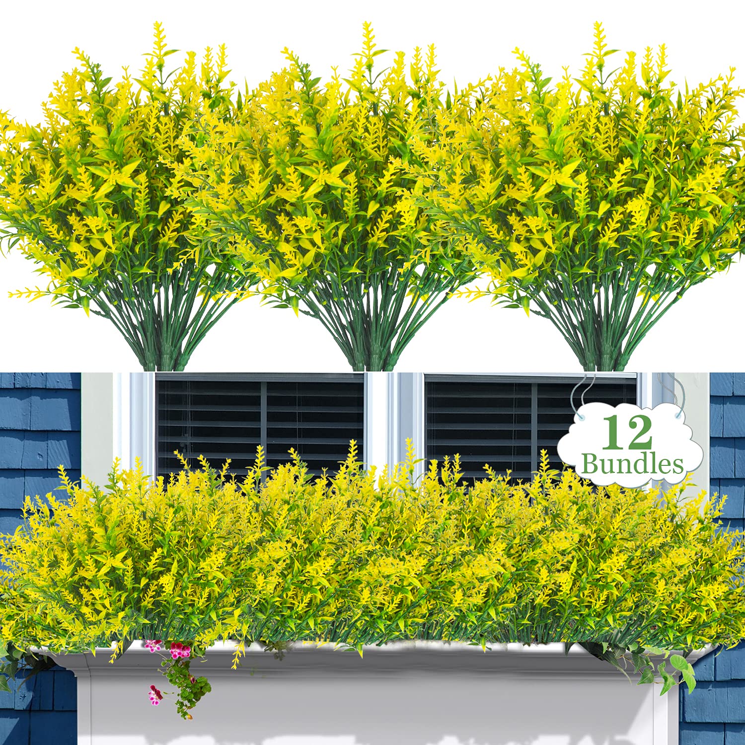 AITISOR 12 Bundles Artificial Lavender Flowers Outdoor Fake Flowers for Decoration UV Resistant No Fade Faux Plastic Plants Garden Porch Window Box Décor (Yellow)