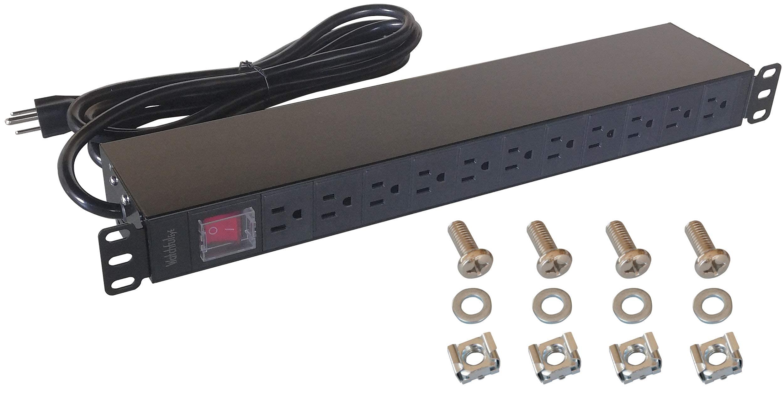 WatchfulEyE WTH-CS/PDU-US 125V/15A Heavy Duty Metal 1U Rack Mount Basic PDU Power Strip 10 ft Extension Cord Integrated Circuit Breaker