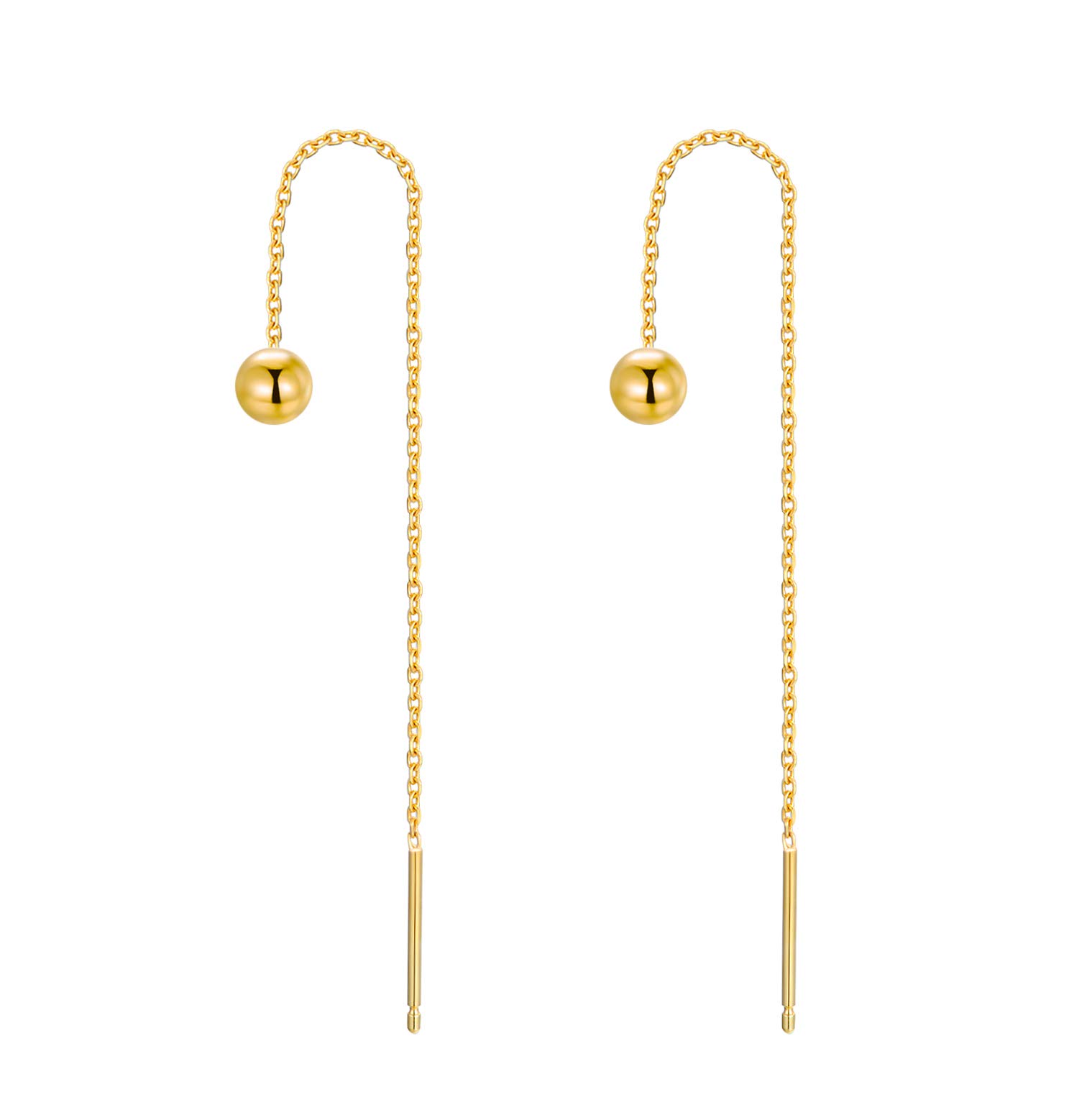 14K Solid Gold Ball Dangle Earrings for Women, Dainty 4mm Yellow Gold Ball Threader Drop Earrings Jewelry on Birthday, Anniversary