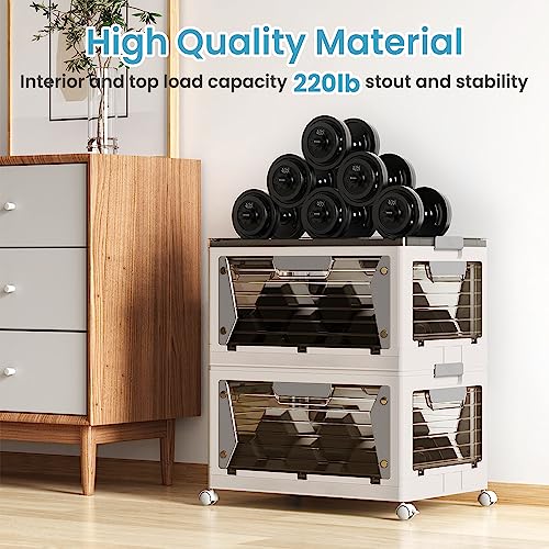 14 Gal Large Stackable Storage Bin with Lid, Plastic Clear Collapsible Storage Bins with Wheels, Foldable Closet Organizers and Storage Bins, Containers for Dorm Room Essentials, Pantry 6 PACK