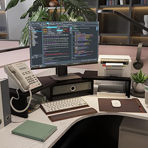 ORLALAR Dual Computer Monitor Stand with Drawer, Office Supplies Desktop Organizer Stand 3 Shelf Monitor Riser with Adjustable Length and Angle, Home Office Desk Accessories, Black