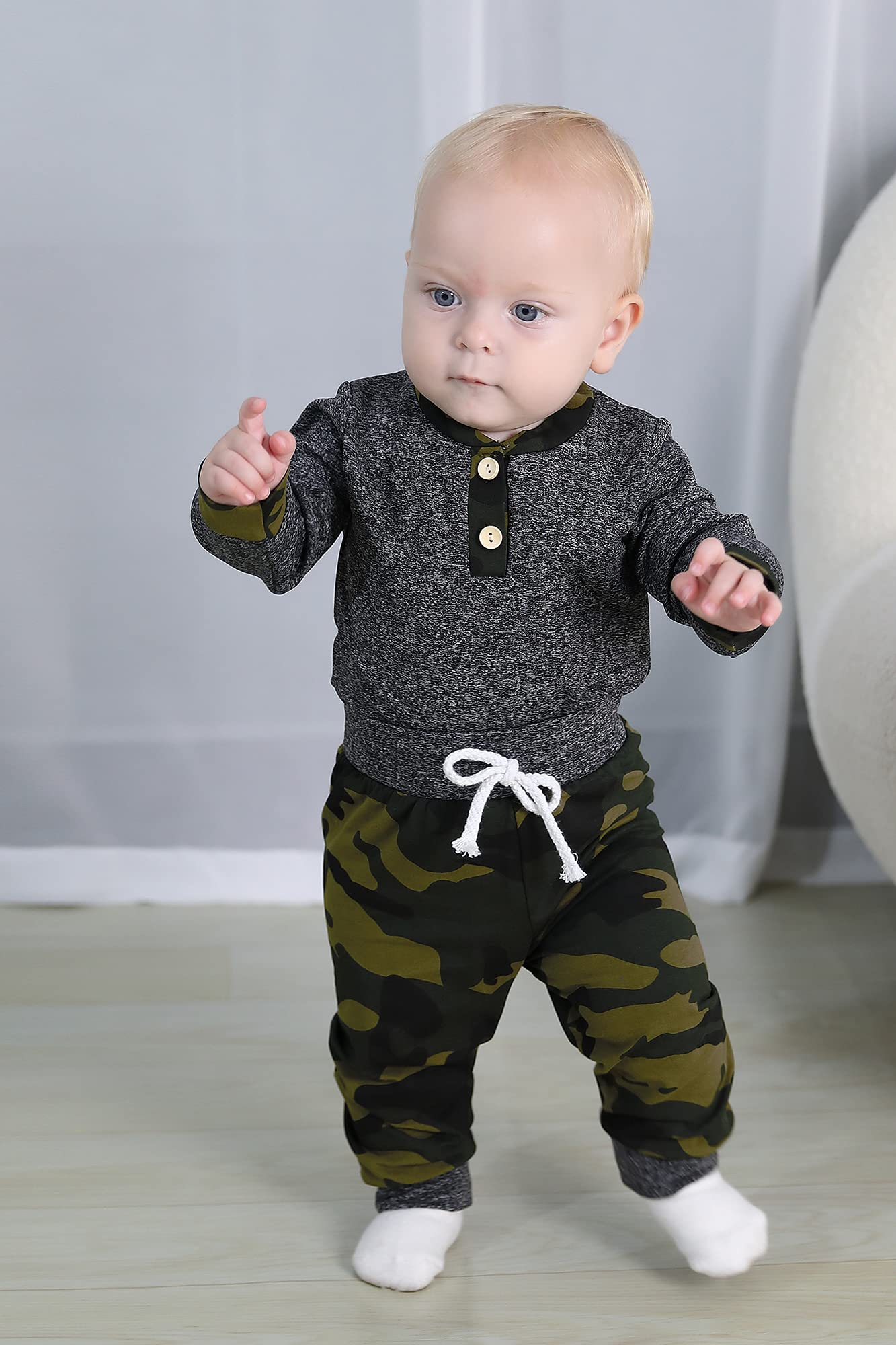 Newborn Baby Boy Fall Clothes Infant Plaid Long Sleeve Button Romper and Pants Set Winter Outfits 0-18 Months (Baby Camouflage Outfits, 3-6 Months)