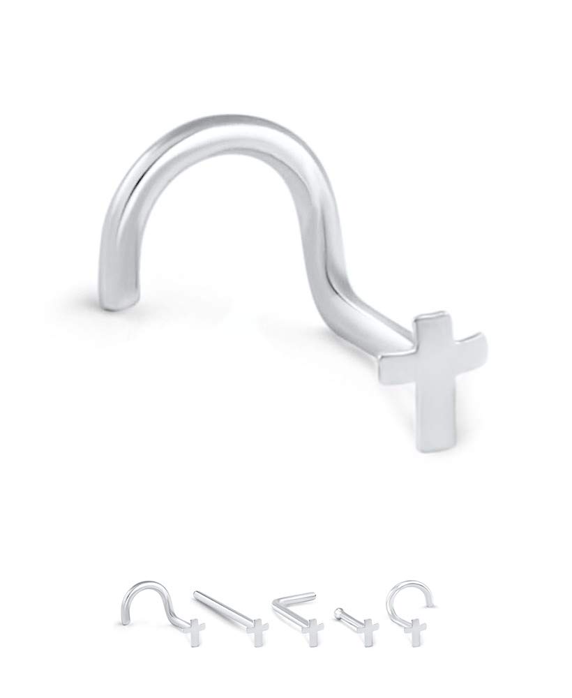 14k Solid White Gold Right Nose Screw Ring Cross 18G