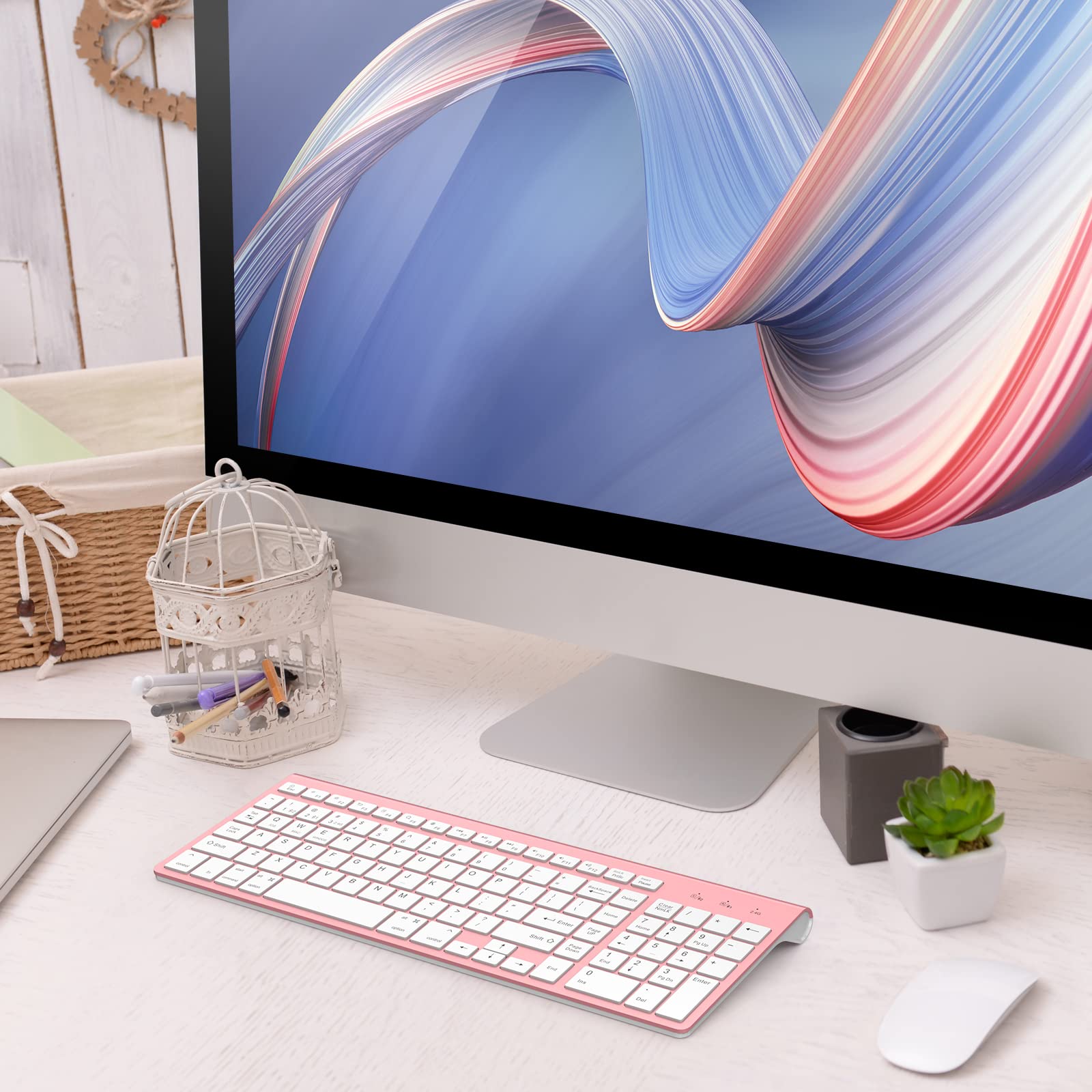 JOYACCESS Bluetooth Keyboard, Pink Wireless Keyboard with Number Pad, Dual Mode Slim Keyboard Connects Up to 3 Devices for iMac/Mac,MacBook, iPad,Laptop,Android,Windows