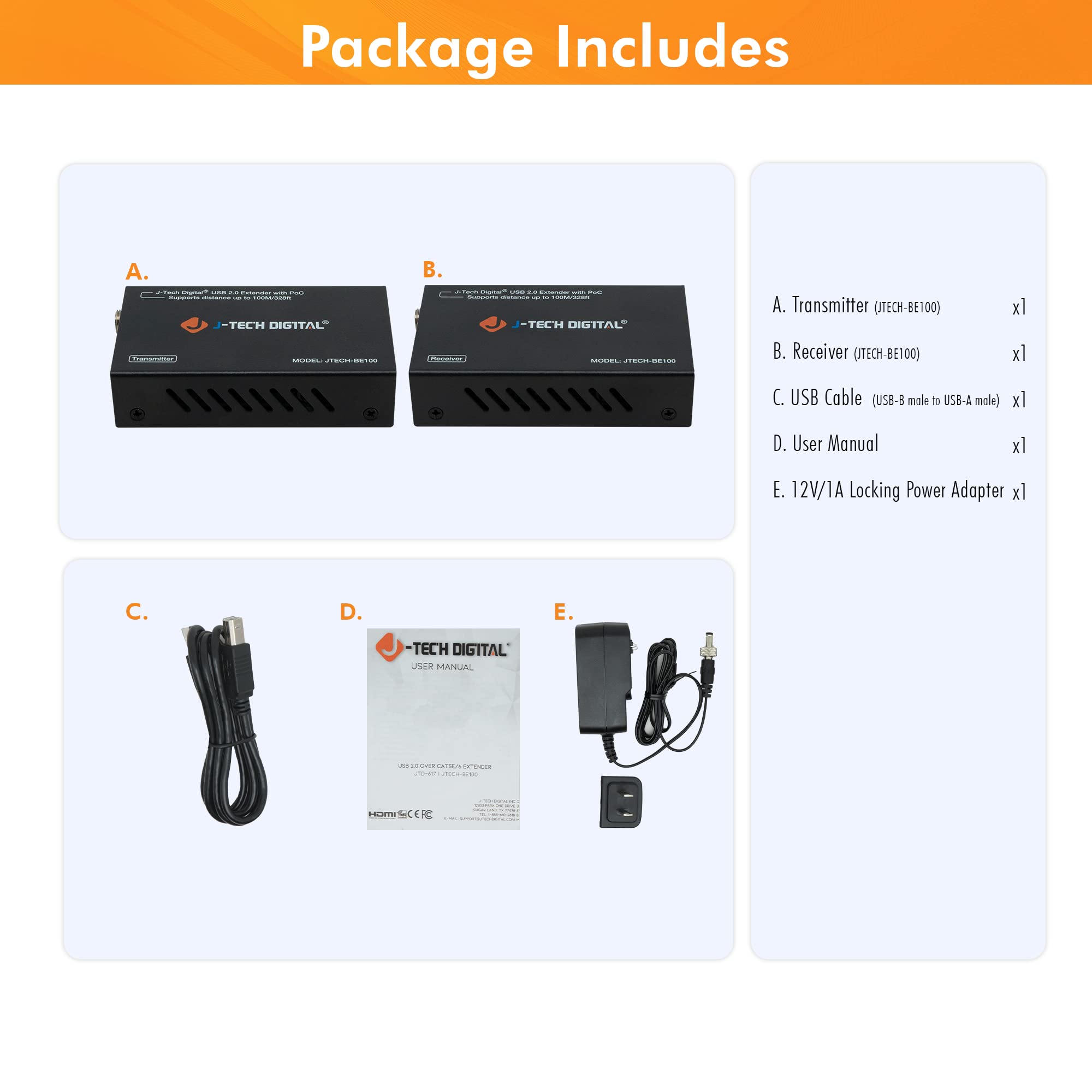 J-Tech Digital USB Over Ethernet Extender USB Balun Over cat5e cat6 99m/328ft PoC, Play and Plug, No Driver Needed, USB2.0 for Game Controller, MAC & PC and USB2.0 Supported Devices [JTECH-BE100]